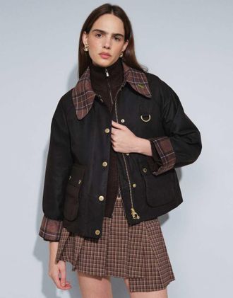 Barbour Icons Spey Wachsjacke mit kontrastierendem kariertem Kragen in Schwarz