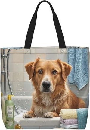Generic Bain Et Chien Sac Fourre-Tout Pliable Sacs De Courses R&eacute;utilisable Sac A Main Femmes Pour Quotidienne Voyage Shopping