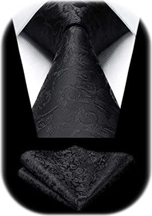 Hisdern Cravate Homme noir Paisley Cravates en Soie pour Hommes Mariage Cravatte et Pochette Set