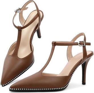 EDEFS Escarpins Femme Talon Aiguille 9 cm en Cuir Verni Bout Pointu T-Strap Slingback à Perles pour Mariage Gala Soirée & Casual Marron Mat EU35