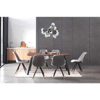 Life Interiors Cosmo LUX Sofia Esszimmerset - ein Esstisch aus Walnussholz und ein Set mit 6 Esszimmerst&uuml;hlen aus dunkelgrauem Samt St&uuml;hle - Esszimmer K&uuml;che