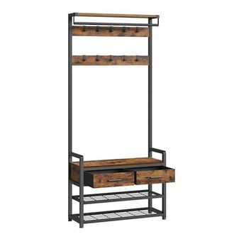 Vasagle Porte-Manteau dEntrée, Meuble dEntrée avec 10 Crochets Amovibles, 2 Tiroirs, Design Séparable, 30 x 80,4 x 181,6 cm, Marron Rustique et Noir dEncre HS