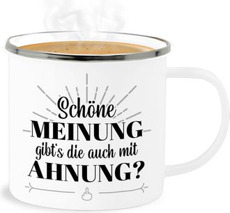 Shirtracer Emaille Becher Blechbecher - Statement Sprüche - Schöne Meinung - gibts die auch mit Ahnung? - 300 ml - Weiß Silber - tasse spruch: sarkasmus spruch t