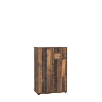 Möbelando Hochkommode >TEMPRA2< in Old-Wood-Vintage Dekor (B/H/T 73,7x111,1x34,8 cm) bietet 2 Türen, 2 Schubladen und stabile Füße aus Kunststoff. Mit 30 kg Obe