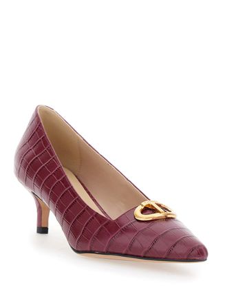 Twinset Womens Bordeaux Pumps With Embossed Crocodile Effect Red Leather