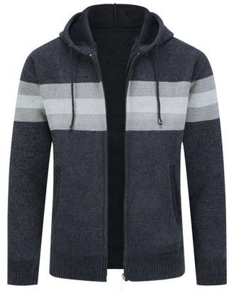 AlltheMen Cardigan mit Kapuze Strickjacke Herren gef&uuml;tterte Winterjacke Kontraststreifen
