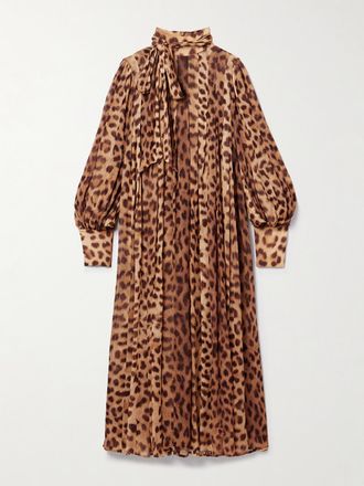 Zimmermann Robe Midi En Cr&ecirc;pe De Chine &Agrave; Imprim&eacute; L&eacute;opard, Plis Et Col Nou&eacute; Crush - Imprim&eacute; animal