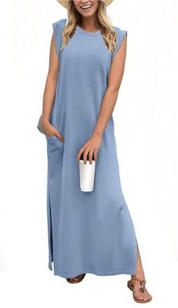 Generic Robe longue d&eacute;t&eacute; d&eacute;contract&eacute;e sans manches pour femme 2026 - Coupe ample et tendance - Pour les vacances et la plage, bleu, XXL