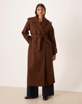 Vila Schwerer Woll-Trenchcoat in Schokobraun mit Bindeg&uuml;rtel
