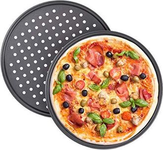 Relaxdays Lot de 2 moules &agrave; pizza ronds perfor&eacute;s antiadh&eacute;sifs en acier carbone Gris &Oslash; 32 cm