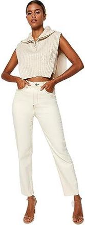 Trendyol Damen Gerade Mama Hohe Taille Jeans, Jeans aux Femmes, Ecru
