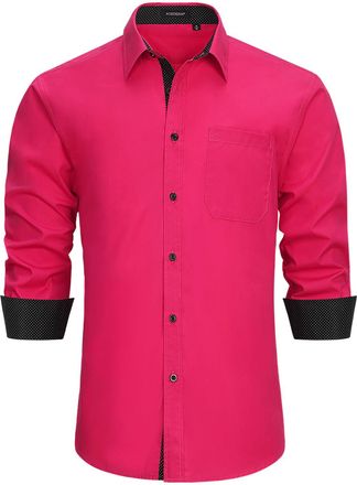 Hisdern Herren Hemd Freizeithemd Langarmhemd Formelle Businesshemden Freizeithemden Langarm Hemd Regular Fit Hemden Shirt Rosa 6XL