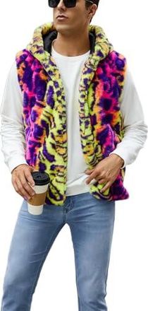 ZhuiKun Gilet en Fausse Fourrure pour Homme Veste Sans Manches à Imprimé Léopard avec Capuche et Ouverture Frontale - Léopard, 3XL