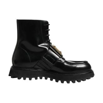 Dolce & Gabbana Leather Plaque Lace Up Boots - - Shoes - Herren - Schwarzk - 44 EU