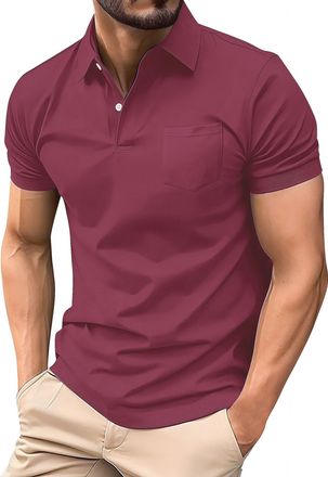 KEFITEVD Poloshirt Herren Kurzarm mit Brusttasche Atmungsaktive Golf Poloshirt Polyester Tshirt M&auml;nner Sommer Knopfleiste Polohemd Weinrot M