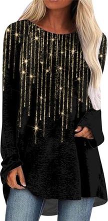 Generic Haut long noir &agrave; paillettes pour femme - Haut &agrave; manches longues tendance - Y2K - Hauts &agrave; paillettes d&eacute;contract&eacute;s pour femme - Taille 48 - T-shirt long