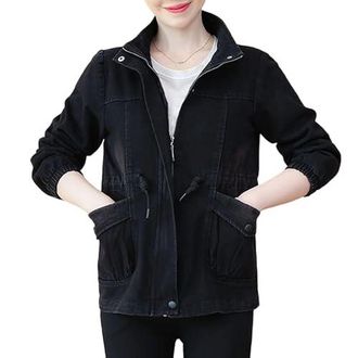 Generic Veste en jean d&eacute;contract&eacute;e &agrave; manches longues avec cordon de serrage &agrave; la taille pour femme, Noir, 3XL