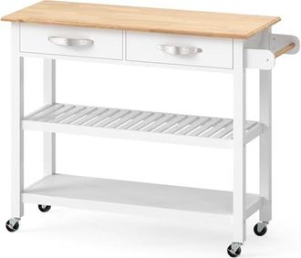 Giantex Chariot de Cuisine avec Roues, Chariot de Service, Plan de Travail en Bois de Caoutchouc, 2 Tiroirs, 2 &Eacute;tag&egrave;res, &Icirc;lot de Cuisine &agrave; 3 Niveaux pour Salo