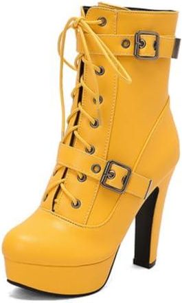 Generic Bottines &Agrave; Lacets Femme avec Bout Rond Dessus en Cuir PU Talons Hauts Plateforme Brides &Agrave; Boucle &Agrave; Enfiler Chaussures Habill&eacute;es Soir&eacute;e,Jaune,37.5 EU