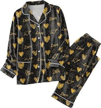 Generic Pyjama assorti pour femme pour la Saint-Valentin 2026 - Pyjama long classique boutonn&eacute; en satin avec poches, dor&eacute;, 3XL