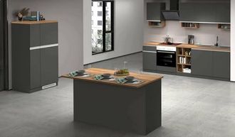 Dmora Vollständige Küche Aymon, Set mit Speisekammer, Küchenzeile Schrank, Blockbausatz mit Insel und Kühlschrankträger, 100% Made in Italy, Anthrazit und E