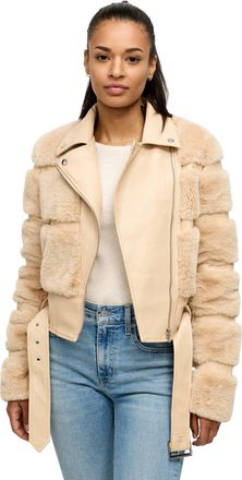 Tazzio Damen Jacke mit Biker-Vibe - Fellstreifen und cooler Reverskragen, mit G&uuml;rtel (Beige, S)