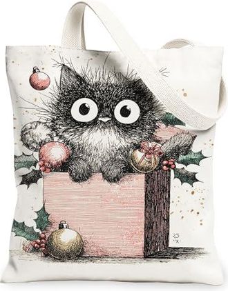 Generic Sacs fourre-tout en toile motif chat festif, sacs d&eacute;picerie r&eacute;utilisables, sacs d&eacute;picerie r&eacute;utilisables, art vintage de vacances, l&eacute;ger et lavable, &eacute;p