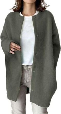 Generic Cardigan pour femme Royaume-Uni Manteau simple boutonnage col rond mi-long en laine chaude de couleur unie Manteau simple Trench long Manteau long Aut