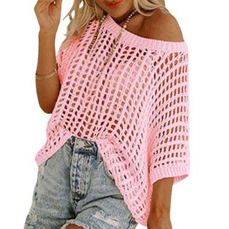 Generic Haut en tricot &eacute;labor&eacute;, hauts en crochet pour femmes, pull &agrave; manches courtes 2025 mode ajour&eacute; &agrave; encolure d&eacute;gag&eacute;e, hauts en tricot, rose, XXL