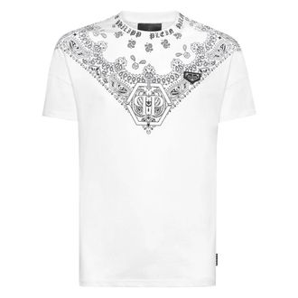 Philipp Plein Homme, Tops, Blanc, Taille: XL T-Shirt Col Rond Paisley Bandana