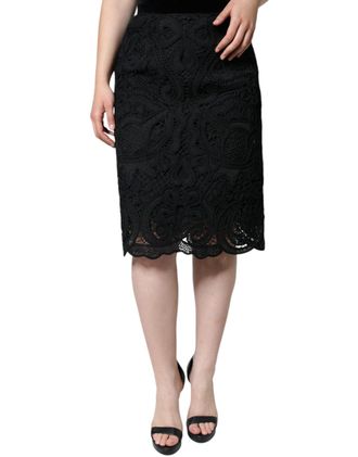 Dolce & Gabbana Womens Black Floral Lace Highwaist Pencil Cut Skirt Polyester Viscose Cotton