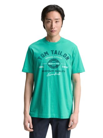 Tom Tailor Herren 1037735 T-Shirt aus Baumwolle mit Logo-Print, 11137-Peacock Green, S