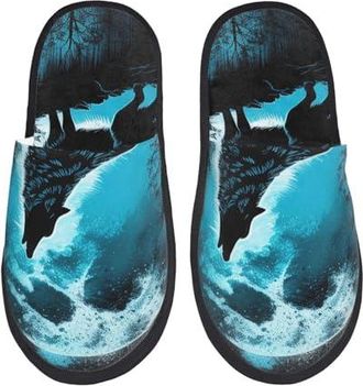 Generic Loup De La Pleine Lune Bleue Femme Homme Slippers Chaud Chaussons Antid&eacute;rapantes Pantoufles Pour Maison Hiver Int&eacute;rieur L