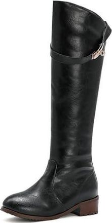 Generic Bottes hautes à fermeture éclair latérale pour femme Bout rond Talon bloc Bas Chaussures dhiver tendance avec boucle de ceinture, Noir, 39.5 EU