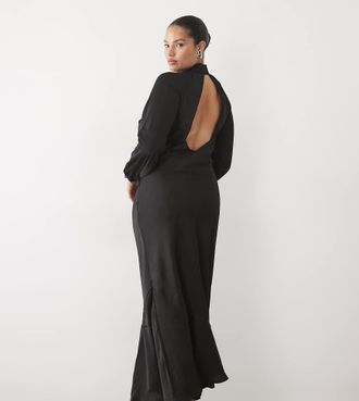 Vila hochgeschlossenes lang&auml;rmliges Satin-Maxikleid in Schwarz
