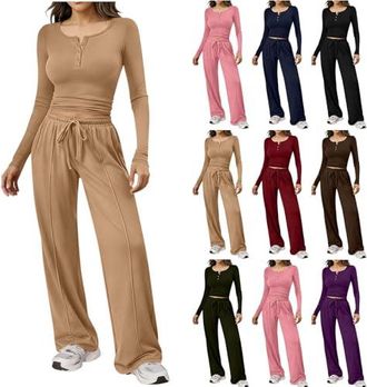 Generic Ensemble de d&eacute;tente 2 pi&egrave;ces pour femme - Haut &agrave; manches longues - Pantalon large - D&eacute;contract&eacute; - Ensemble deux pi&egrave;ces pour femme, kaki, S