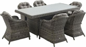 Sweeek Table de jardin 6 places en r&eacute;sine tress&eacute;e arrondis - Lecco - Coussins - 6 fauteuils. 1 grande table Gris / Gris