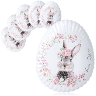 Com-Four 6x Metall-Osterteller mit s&uuml;&szlig;em Hasenmotiv - Deko-Teller f&uuml;r Ostern & Fr&uuml;hling - Hasenteller f&uuml;r S&uuml;&szlig;igkeiten & Ostereier (Eiform Hase - 6x)