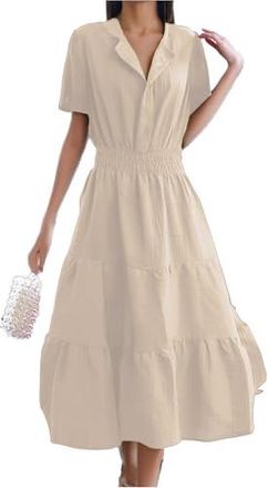 Generic Robe de plage boh&egrave;me 2026 pour femme d&eacute;t&eacute; 2025 d&eacute;contract&eacute;e midi maxi l&eacute;g&egrave;re &agrave; manches courtes col en V taille &eacute;lastique poches, beige, 3XL