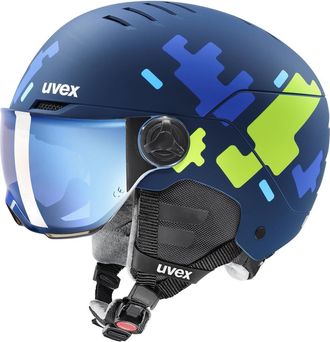 Uvex Rocket jr Visor - robuster, optimal belüfteter Skihelm mit beschlagfreiem Visier für Kinder - Blue Puzzle matt - 51-54 cm