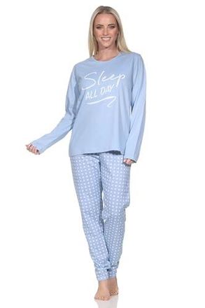 Normann Pyjama &agrave; manches longues pour femme avec pantalon de pyjama &agrave; pois et imprim&eacute; sur le devant, bleu, 38-40