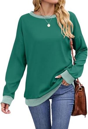 Generic Sweat-shirt d&eacute;contract&eacute; &agrave; blocs de couleurs pour femme, coupe ample, l&eacute;ger, manches longues, bordure c&ocirc;tel&eacute;e, tendance, Vert, XXL