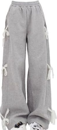 Generic Pantalon large en dentelle de couleur unie avec noeud en dentelle pour femme Style rétro Y2K Pantalon de sport rétro taille haute, gris, S