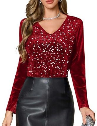 Dresstells Chemisier de fête à manches longues en velours à paillettes pour femme - Col en V - Pour Halloween, bordeaux, Taille XL