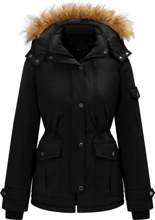 Heekpek Damen Wintermantel Warm Wasserdicht Winterjacke Kurz Gef&uuml;ttert Damenmantel mit Kapuze Winterparka Winddichte Fleecemantel Thermojacke mit 5 Taschen, S