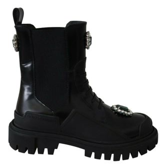 Dolce & Gabbana Womens Black Leather Crystal Combat Boots