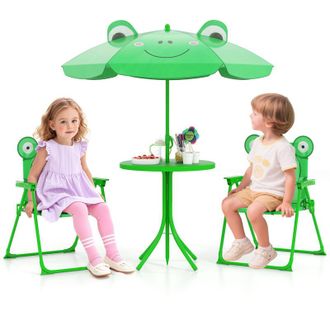 Costway Costway - Salon de Jardin 4 Pi&egrave;ces pour Enfants de 3 &agrave; 6 Ans, Table + Parasol R&eacute;glable en Hauteur + 2 Chaises Pliantes, Vert