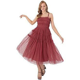 Anaya with Love Ladies Cami Midi Dress Women Evening Gown Square Neck Strappy Stripes Frilly Tiered for Wedding Guest Prom Ball Red Robe, 44 aux Femmes