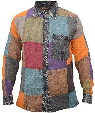 Gheri Chemise patchwork &agrave; manches longues et col hippie boutonn&eacute; pour homme - - XX-Large
