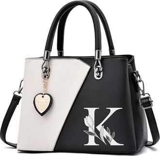 I Ihayner Sac &agrave; main en cuir pour femme avec poign&eacute;e sur le dessus et initiales personnalis&eacute;es, sac &agrave; bandouli&egrave;re de couleur contrast&eacute;e pour femme, Black-k, M